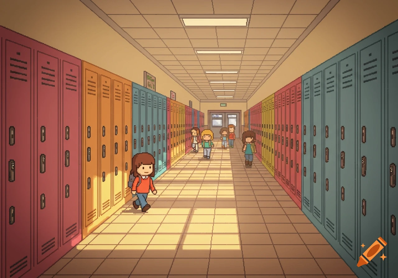 A pixel art image of a school hallway lined with colorful lockers, with ...
