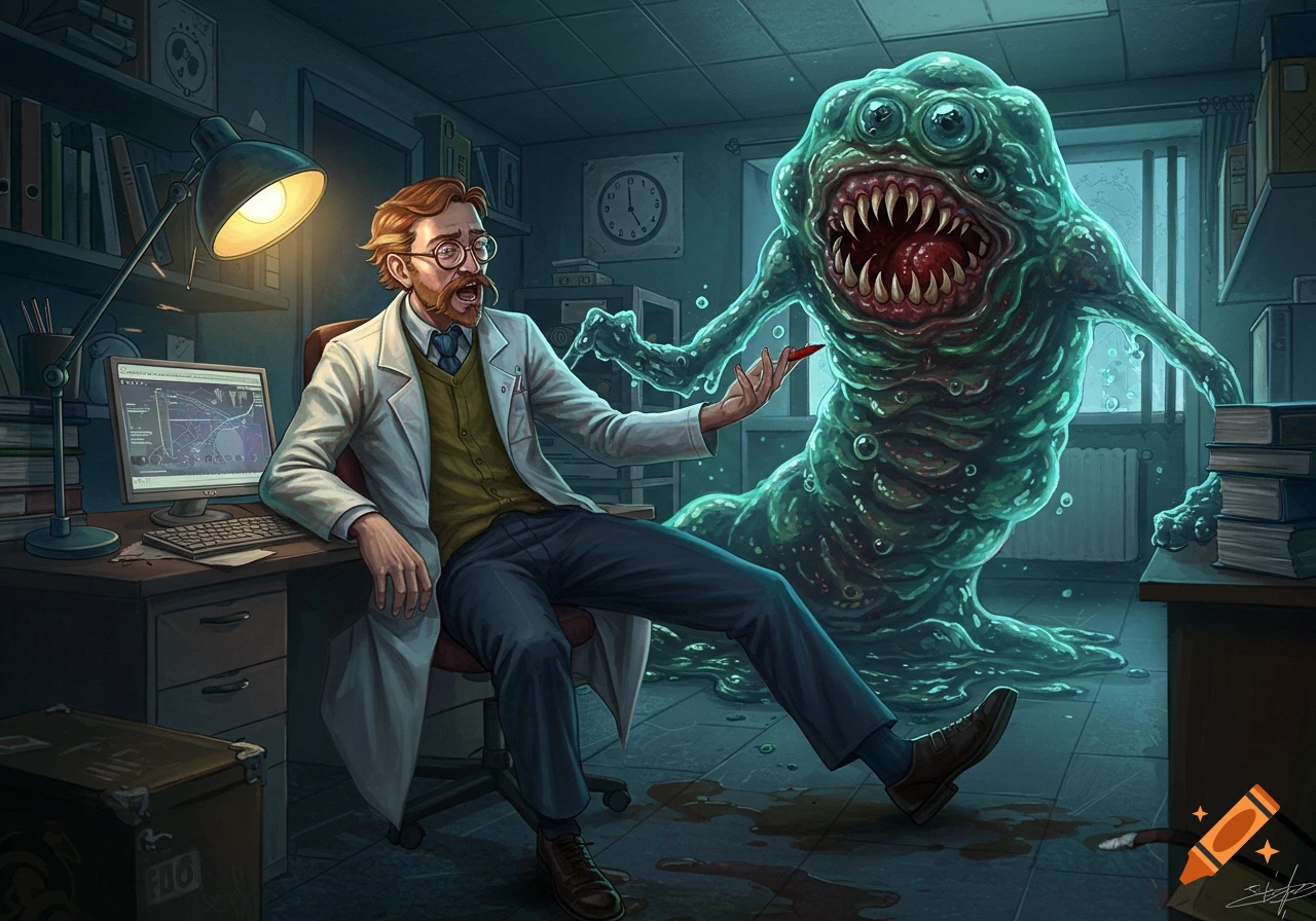 A male scientist in a lab coat looks surprised as a large, green, multi ...