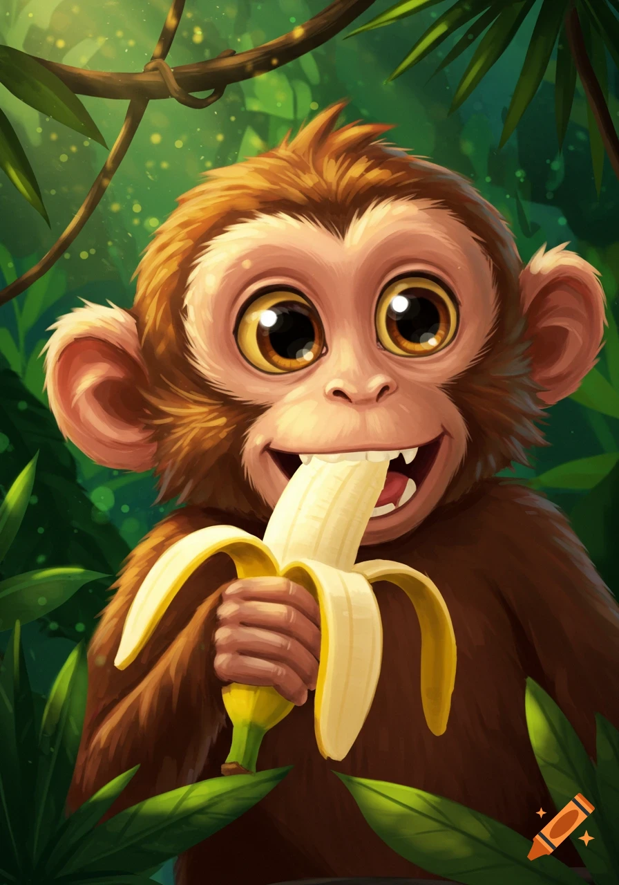 A cute cartoon monkey with large eyes smiles while peeling and eating a ...