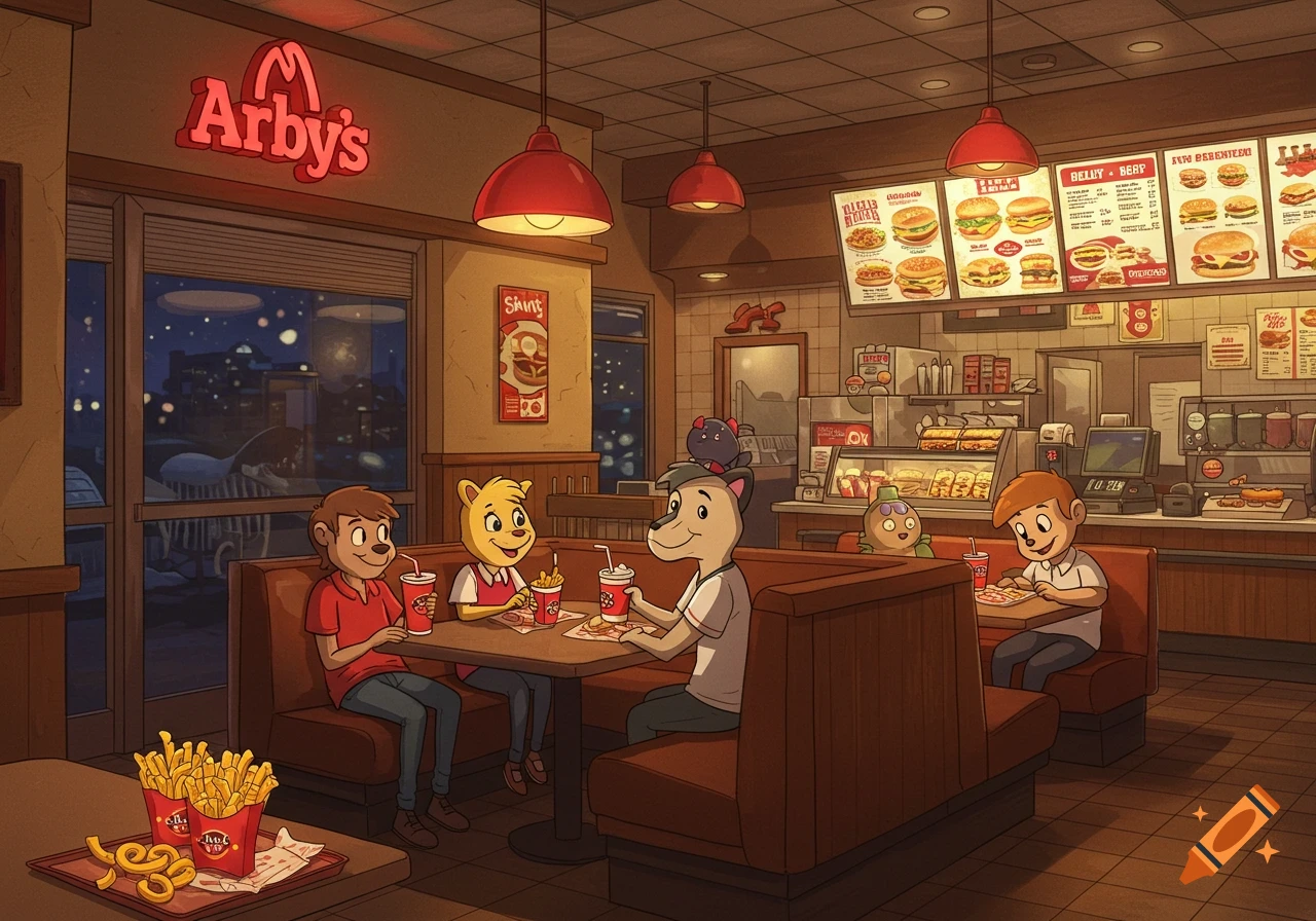Cartoon image of anthropomorphic animals and humans eating in an Arby's ...