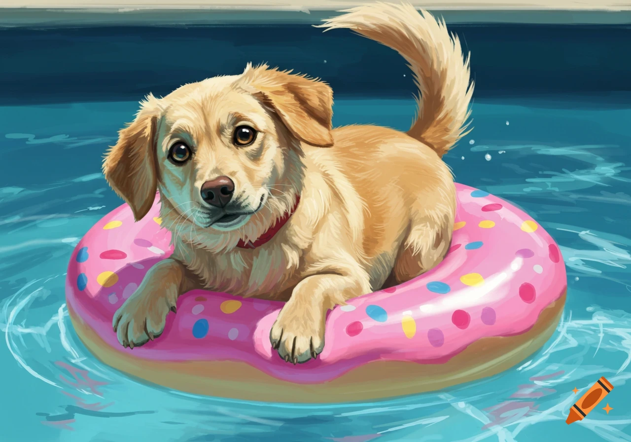 A fluffy golden dog floats in a pink donut inner tube in a swimming ...