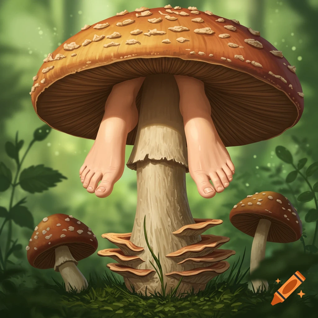 A large, reddish-brown mushroom with human feet dangling underneath its ...