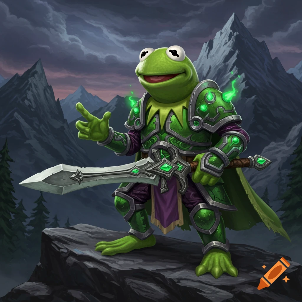 Kermit in green fantasy armor holding a sword, standing on a rock with ...
