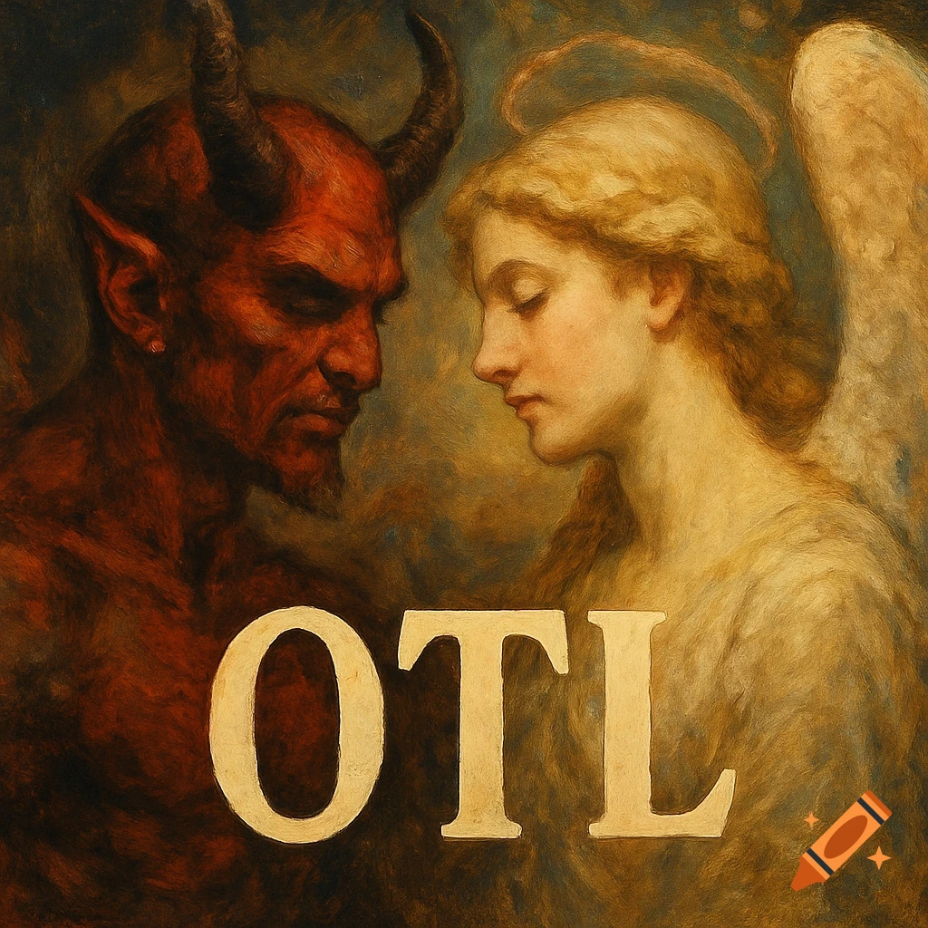 An oil painting of a red demon and a blonde angel facing each other ...