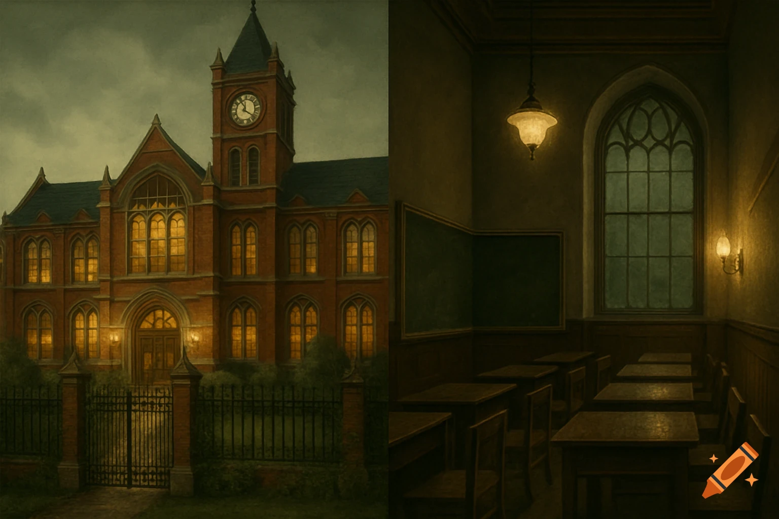 A diptych showing a grand, red-brick school building with a clocktower ...