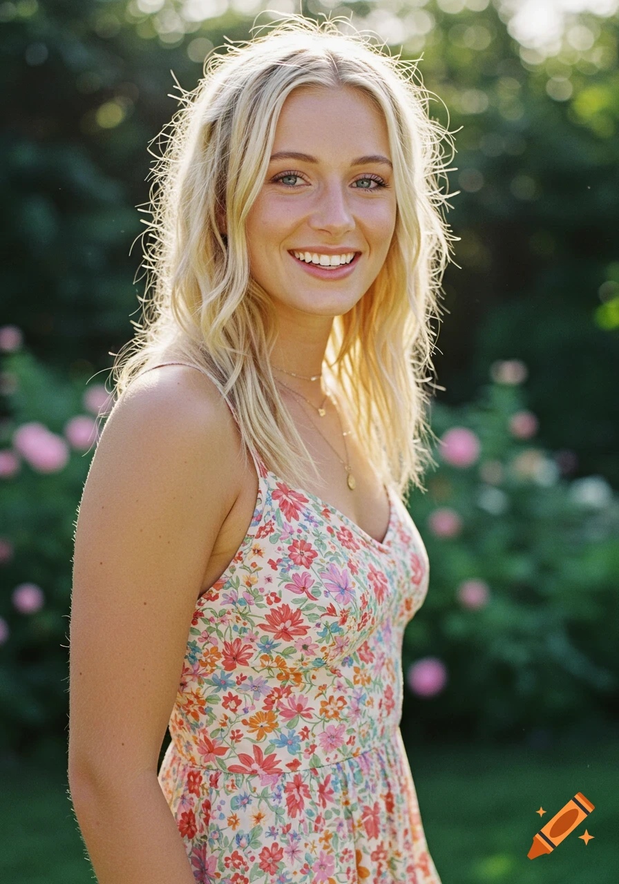 A young blonde woman smiling in a floral dress, backlit by golden hour ...