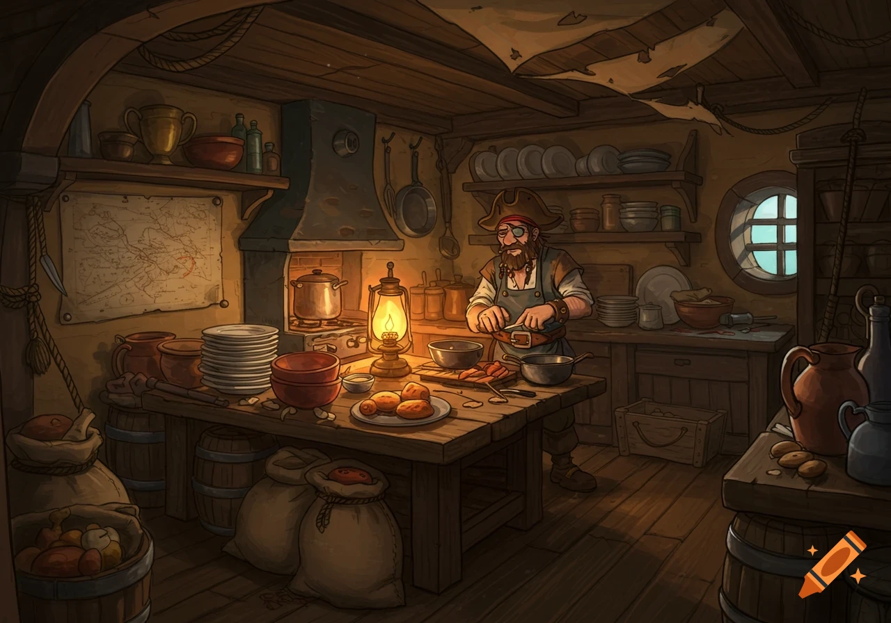 An illustration of a bearded pirate cooking in a dimly lit, rustic ship ...