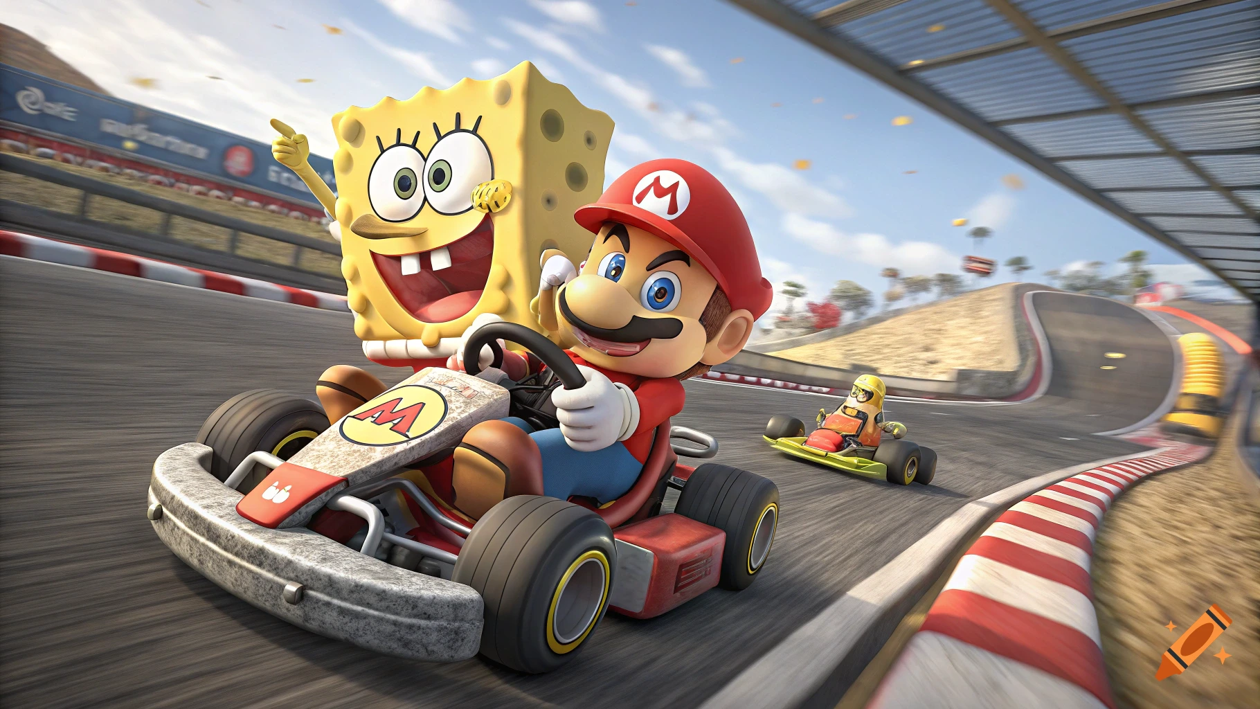 Mario and Spongebob SquarePants racing go-karts on a track, with motion ...