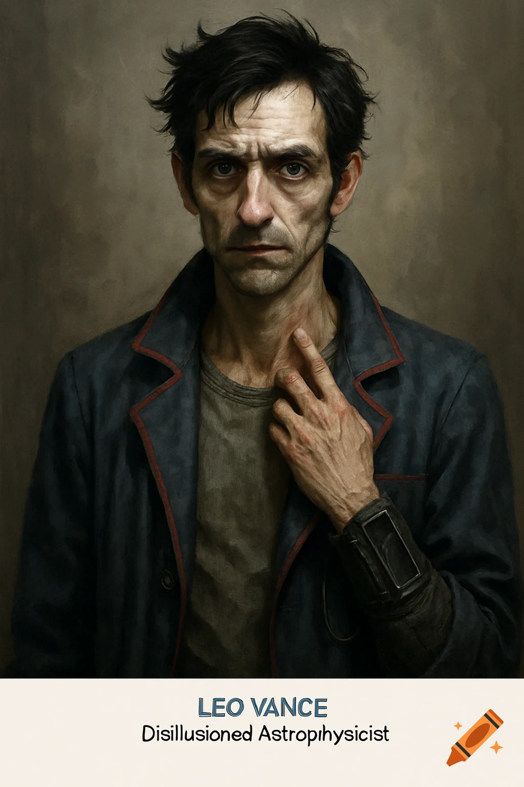 A gritty, painterly portrait of a haggard man with dark hair, a blue ...