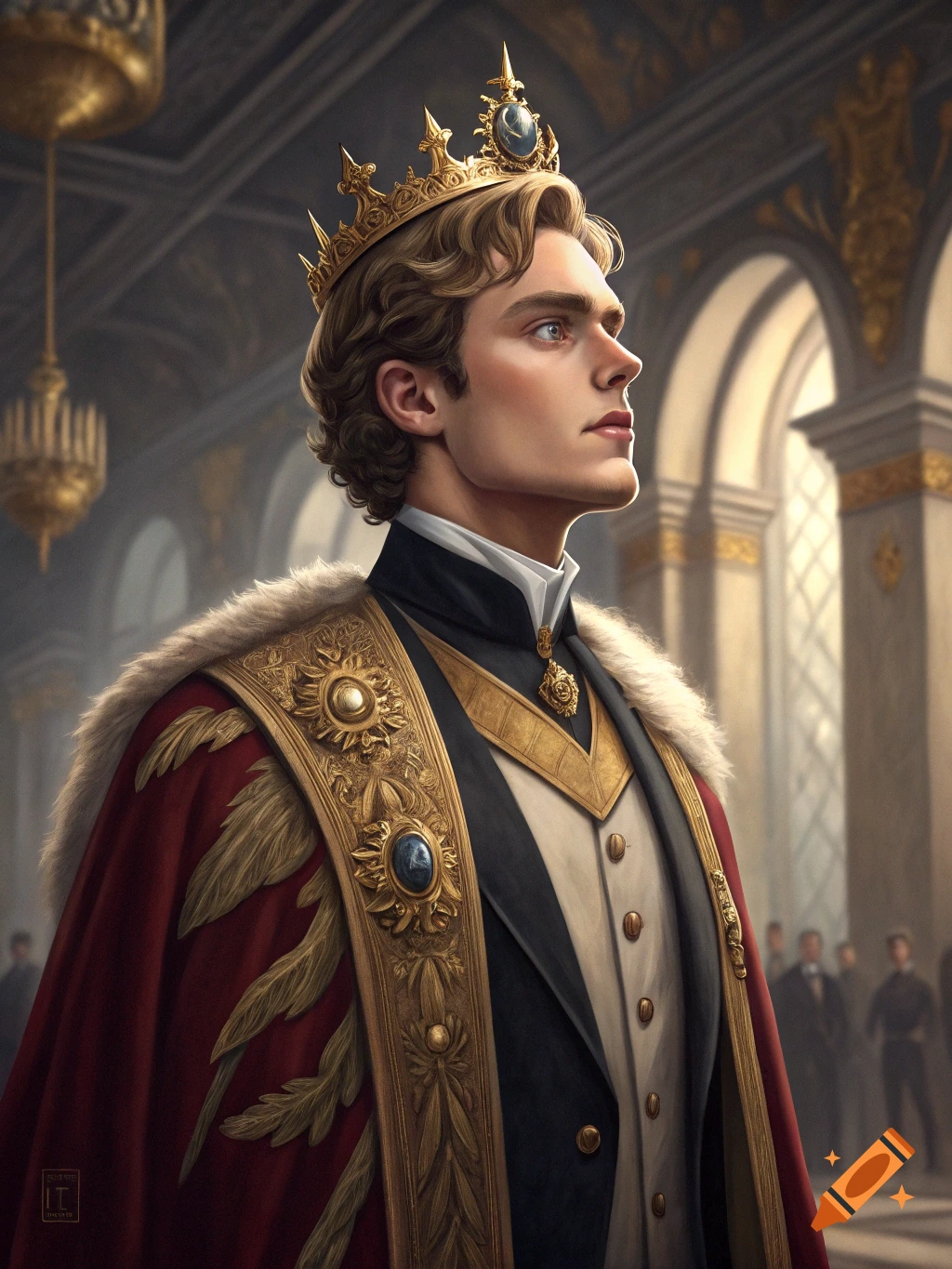 A young king with a golden crown and red fur-lined robe in a grand hall ...
