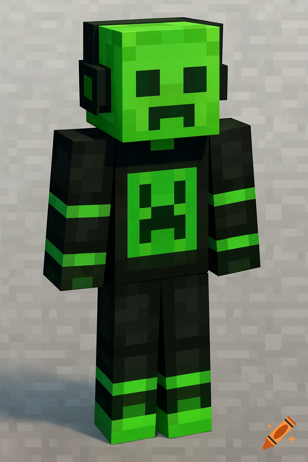 A blocky Minecraft character skin in black and bright green, featuring a Creeper face logo on ...