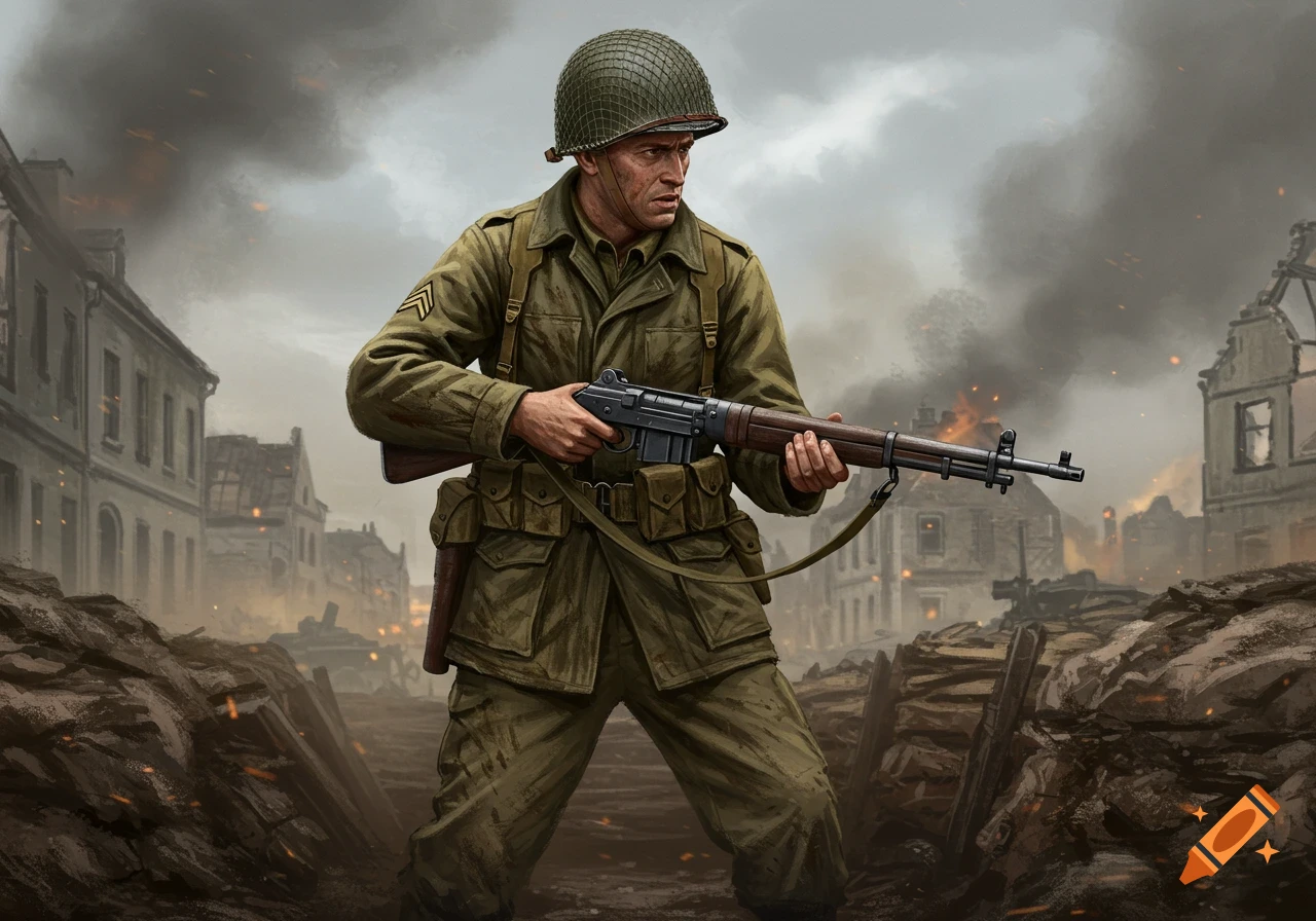 A WW2 soldier in uniform holding a rifle stands in a destroyed city ...