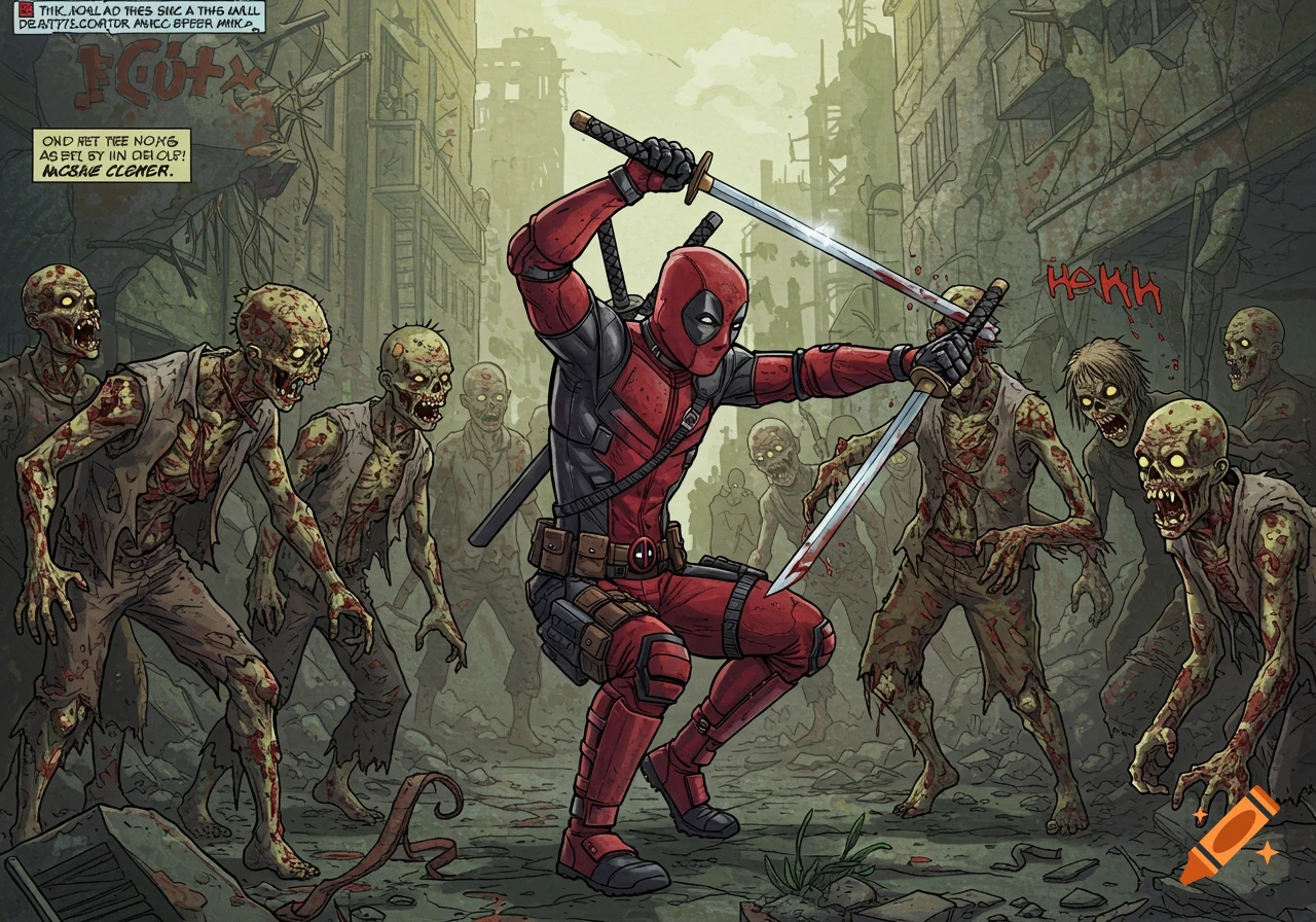 Deadpool battles a horde of zombies in a ruined city street, wielding ...