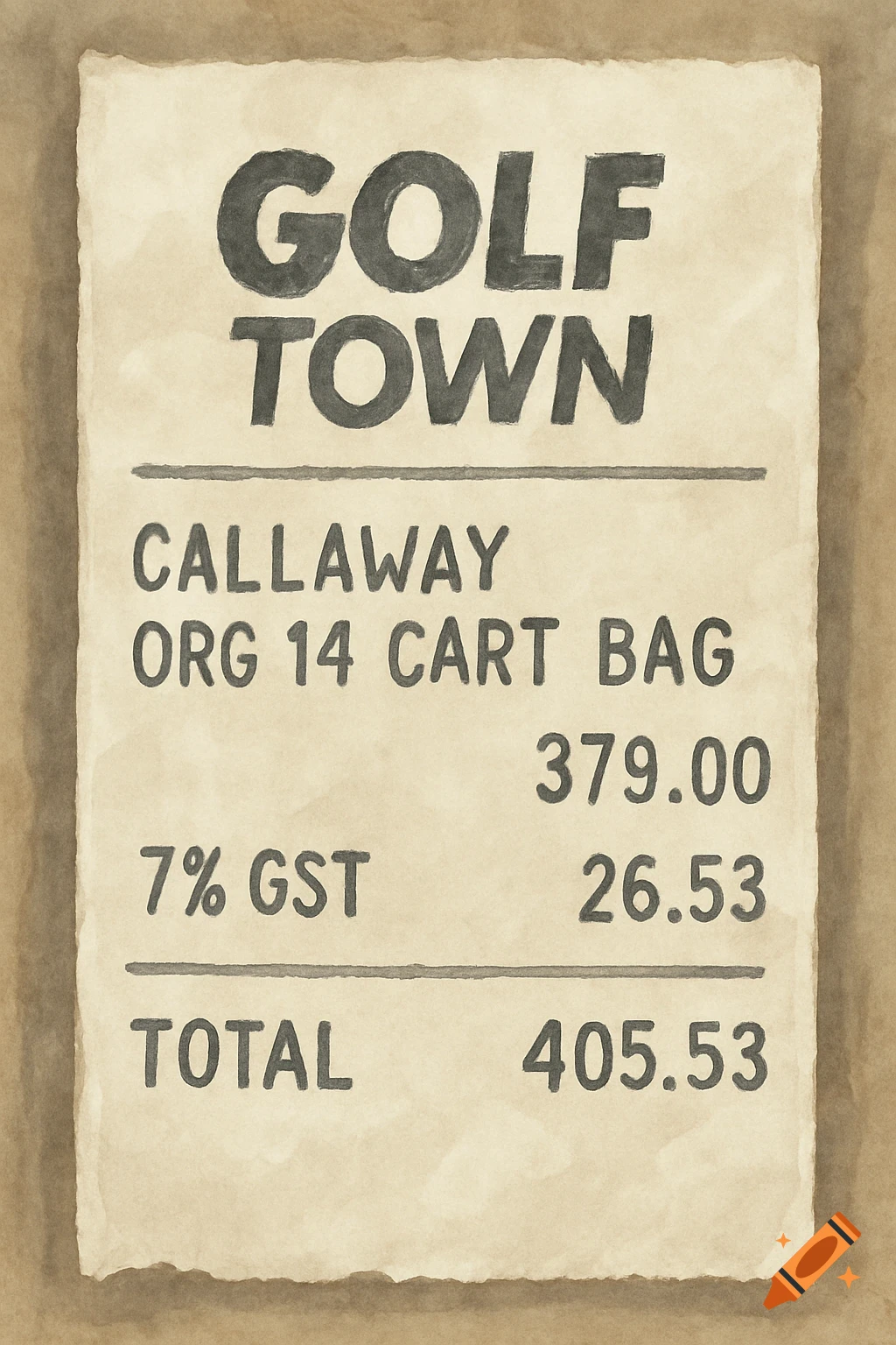 A stylized Golf Town receipt for a Callaway golf bag, showing prices ...