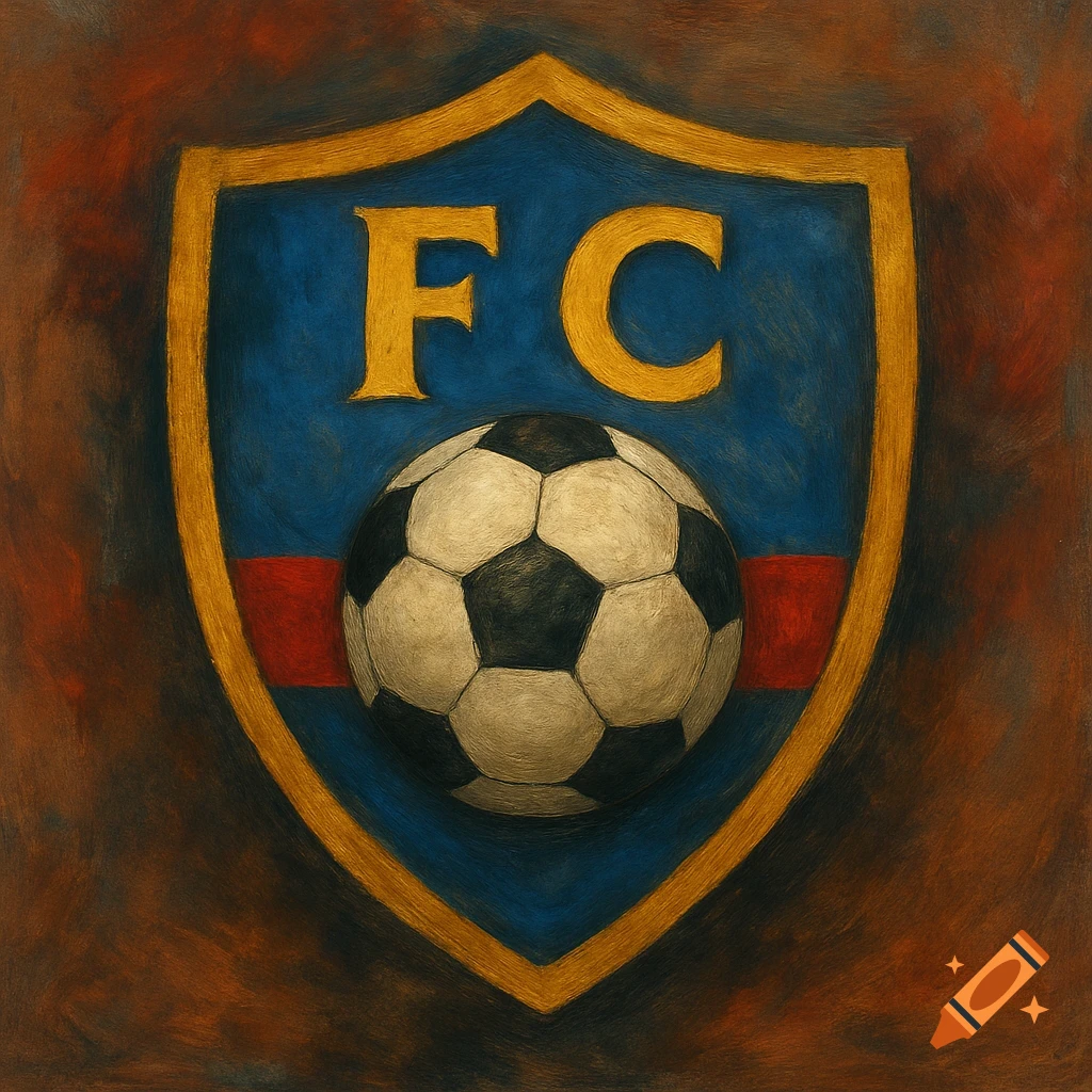 A painted football club crest featuring a blue and gold shield with a ...