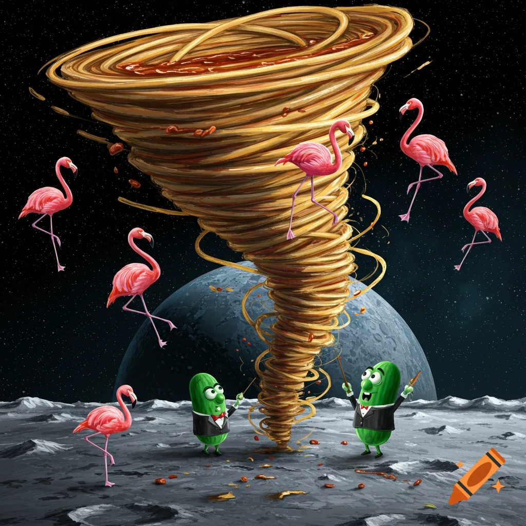 A spaghetti tornado on the moon, with flying flamingos and two tuxedo ...