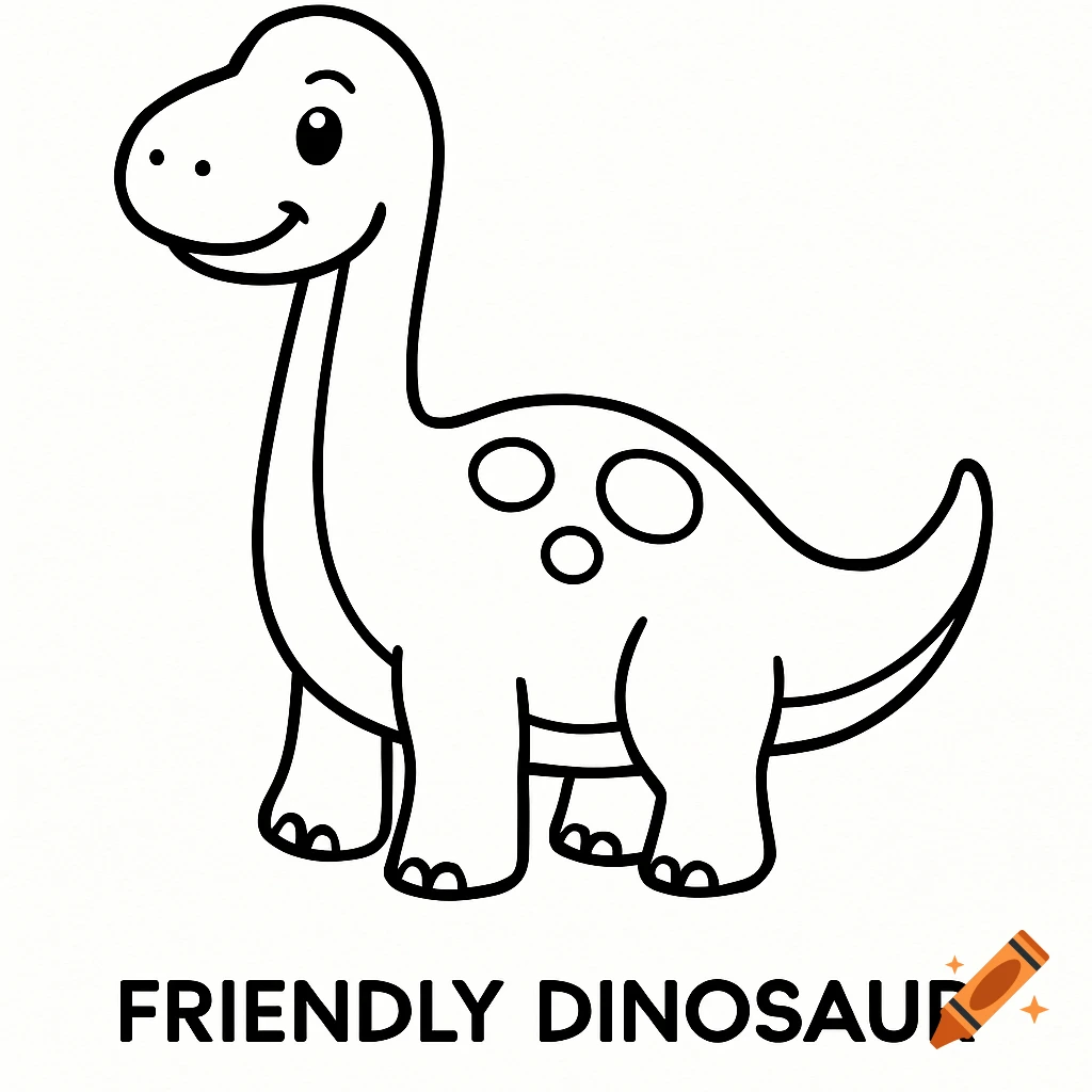 A cute, smiling cartoon brontosaurus or long-necked dinosaur outline ...