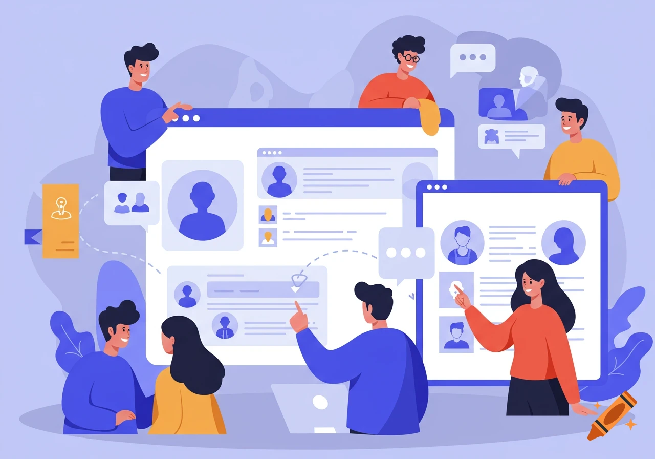 Diverse people interact with web interfaces, online profiles, and chat ...