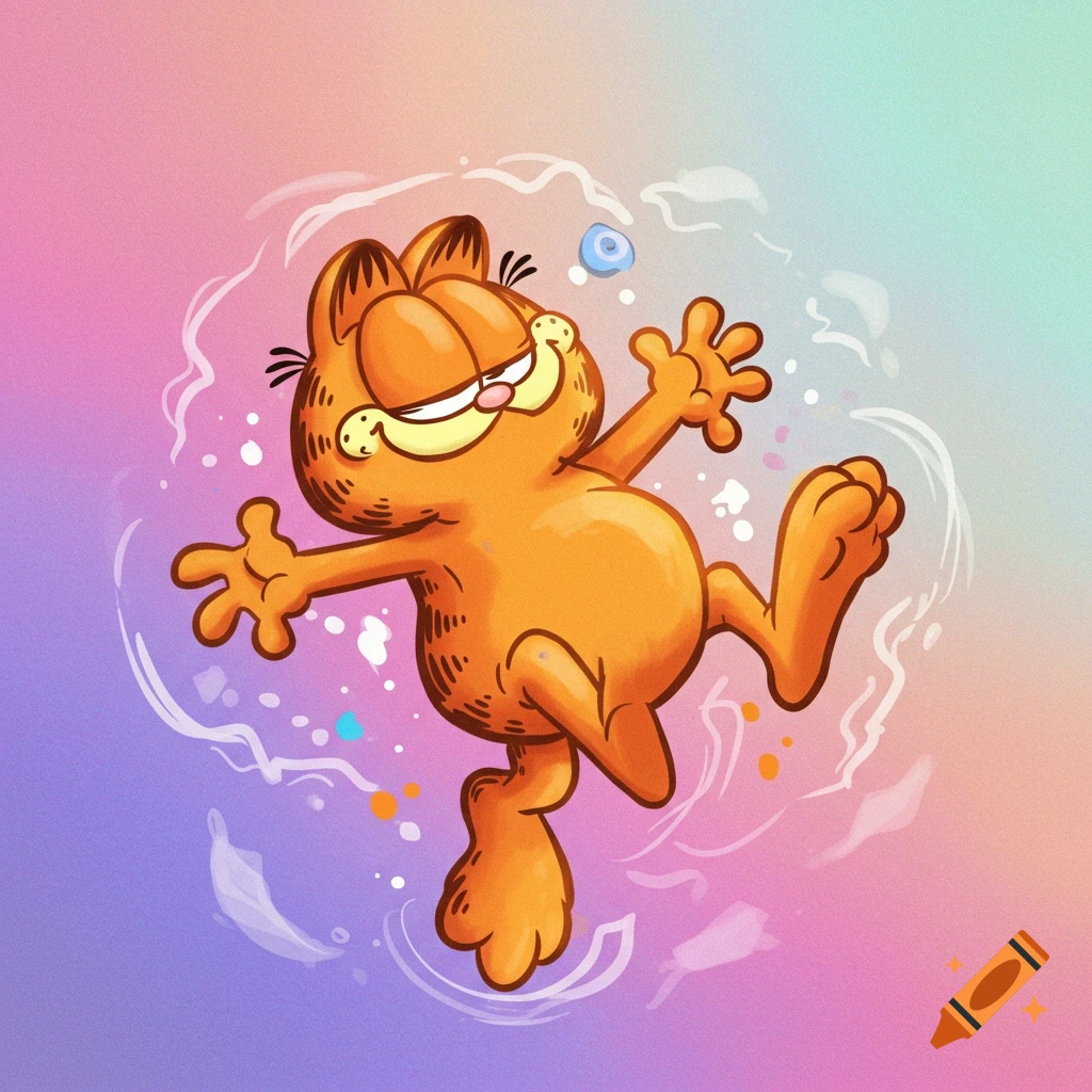 Cartoon Garfield the cat floating with arms and legs outstretched ...