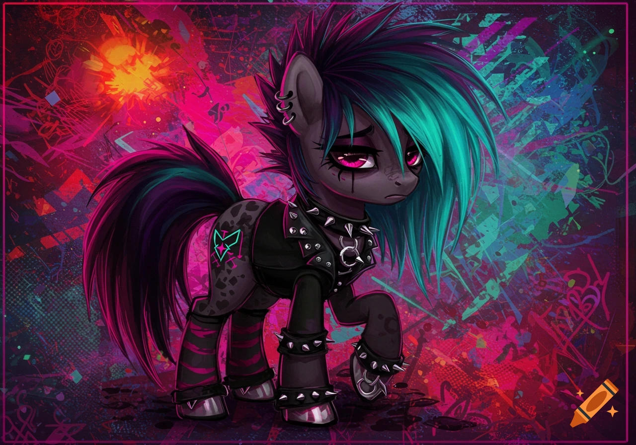A dark emo/scenecore My Little Pony character with teal hair and ...