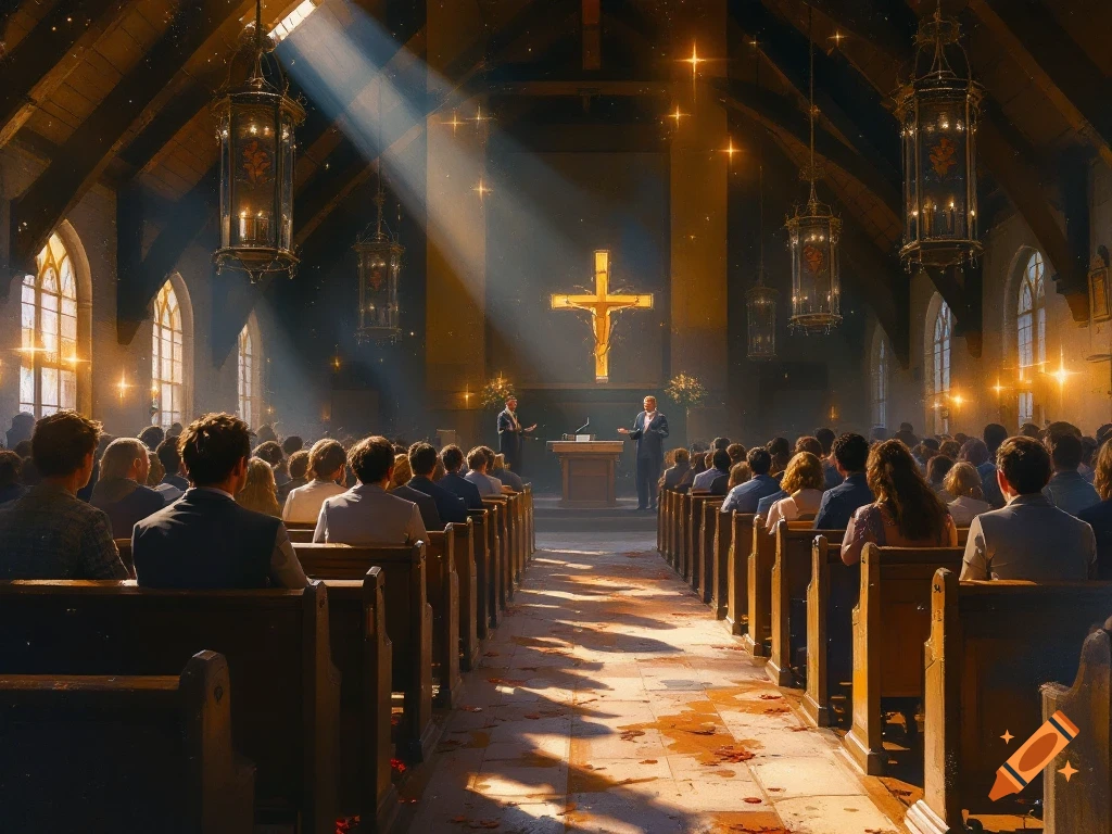 A photorealistic image of a large congregation attending a church ...