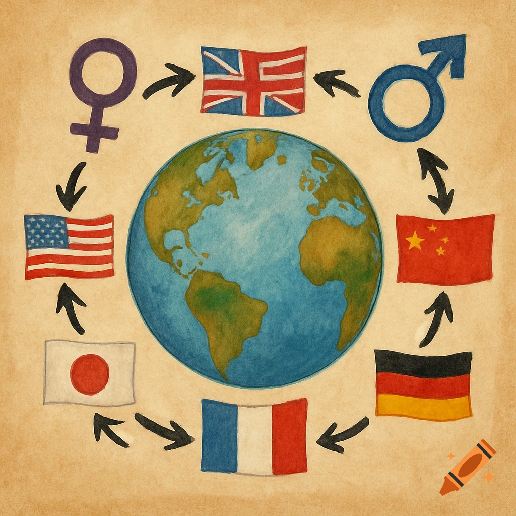 Watercolor illustration of a globe surrounded by national flags and ...