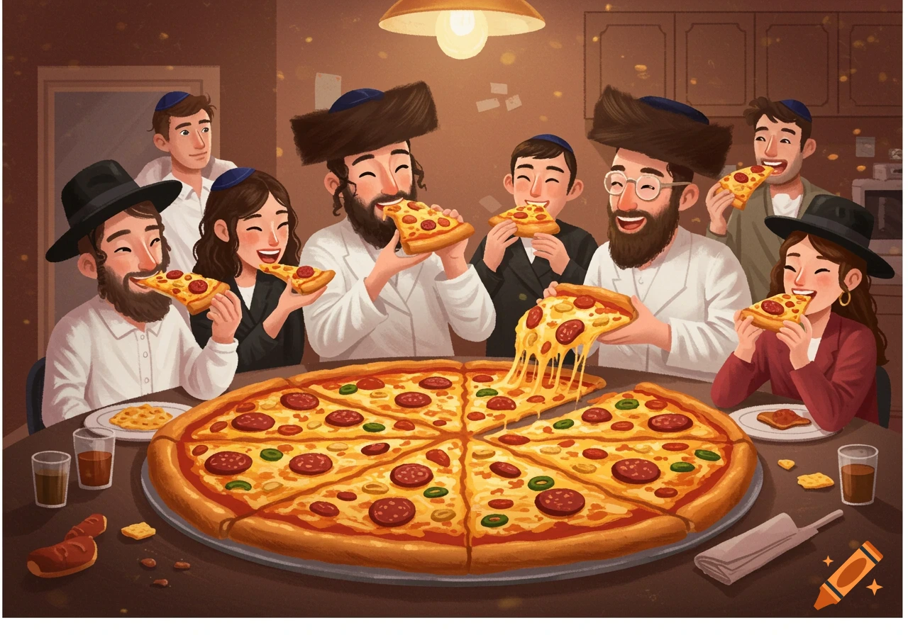 A vibrant illustration of a Jewish family happily gathered around a ...