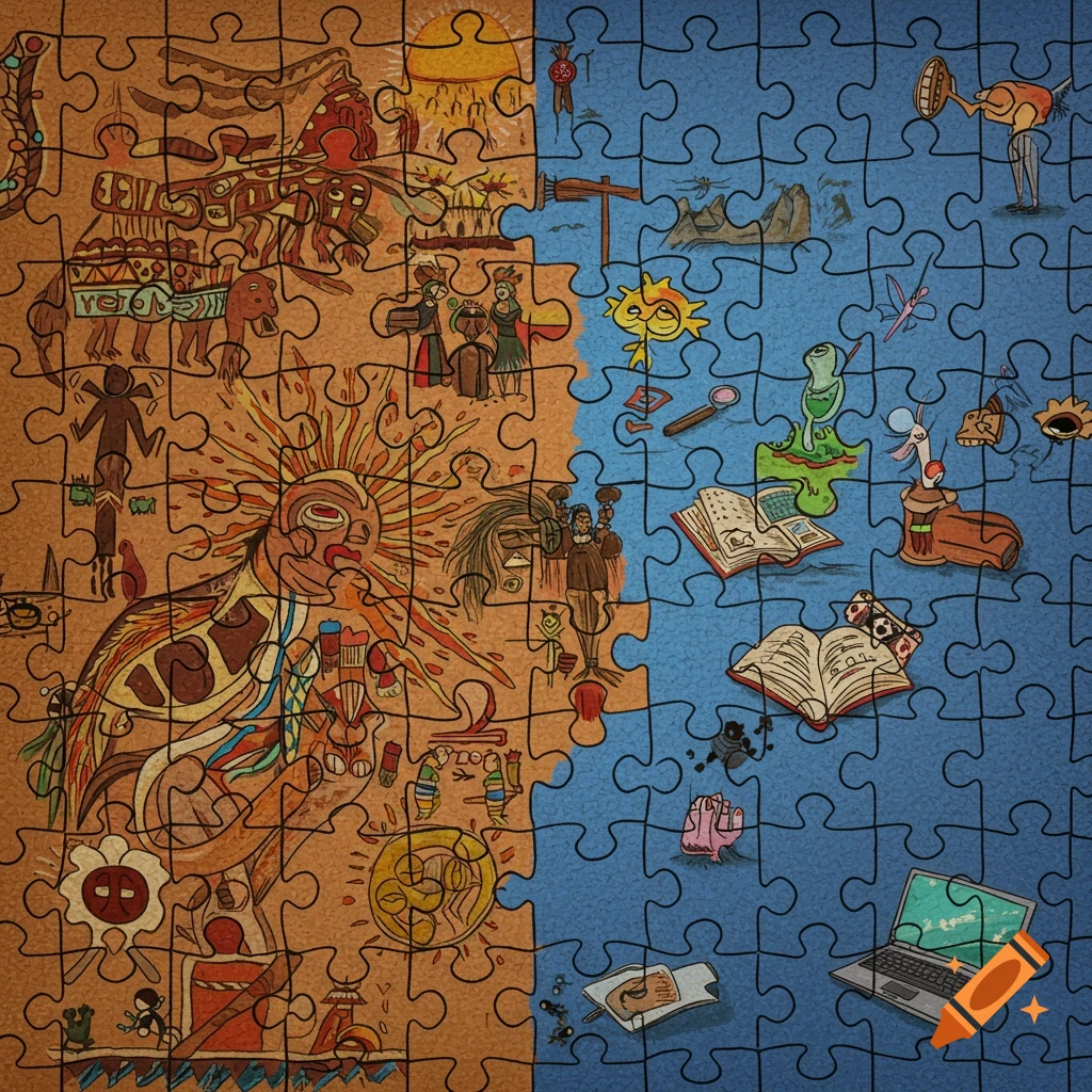 A puzzle depicting two halves: the left side with traditional ...