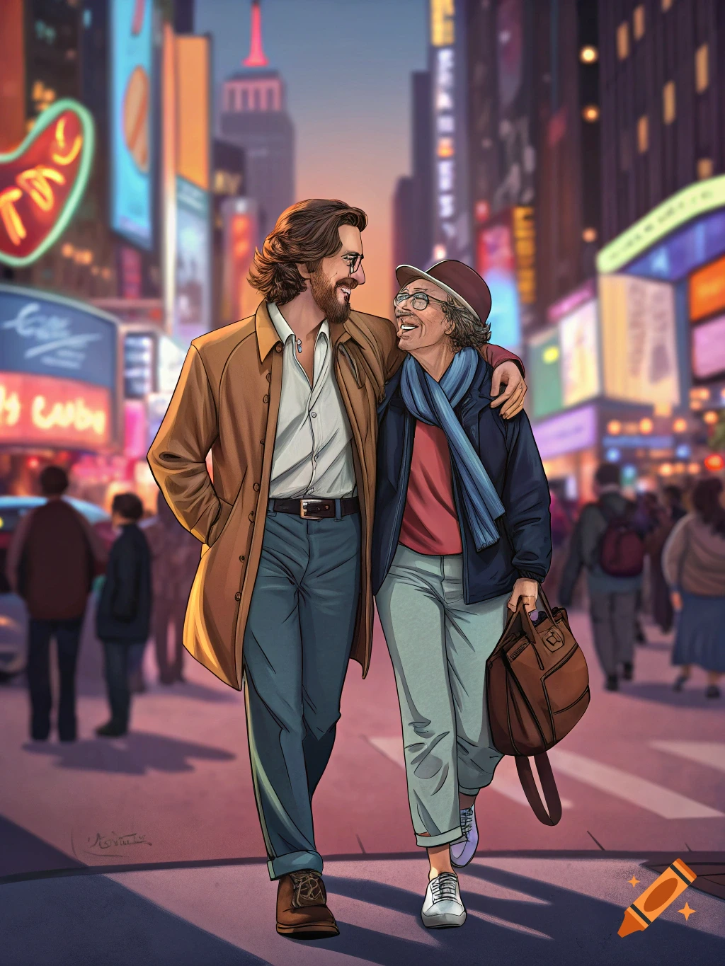 Illustrative portrait of a man and an older woman smiling and walking ...