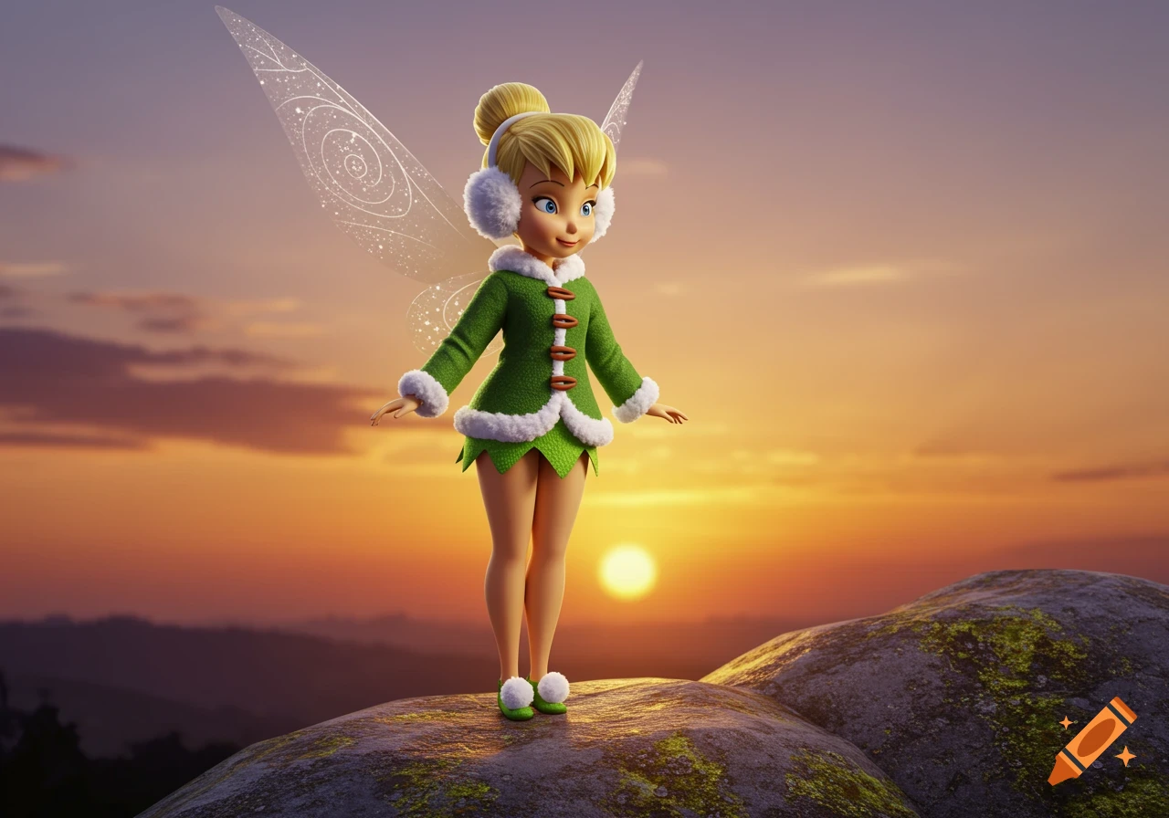 Tinkerbell in white earmuffs and green winter coat stands on a rock at ...