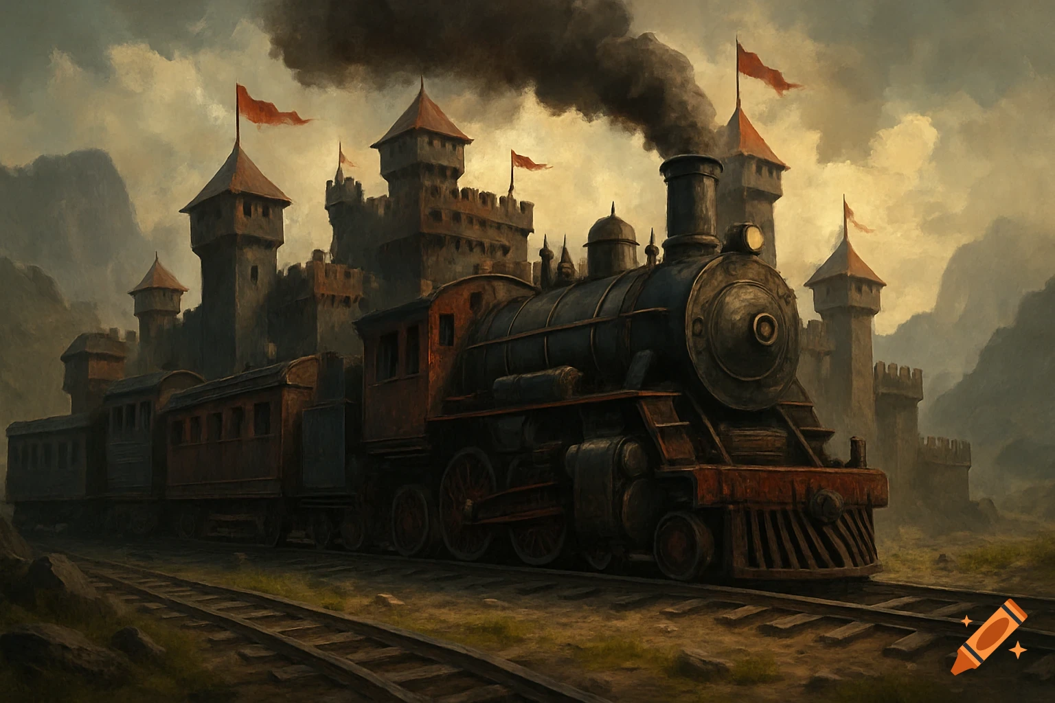 A steam train on tracks in front of a dark, fortified castle under a ...