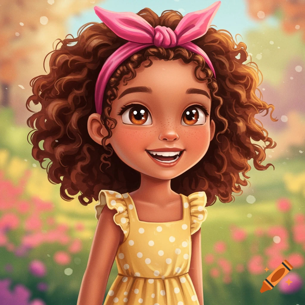 Close-up of a smiling cartoon girl with curly brown hair and a pink ...