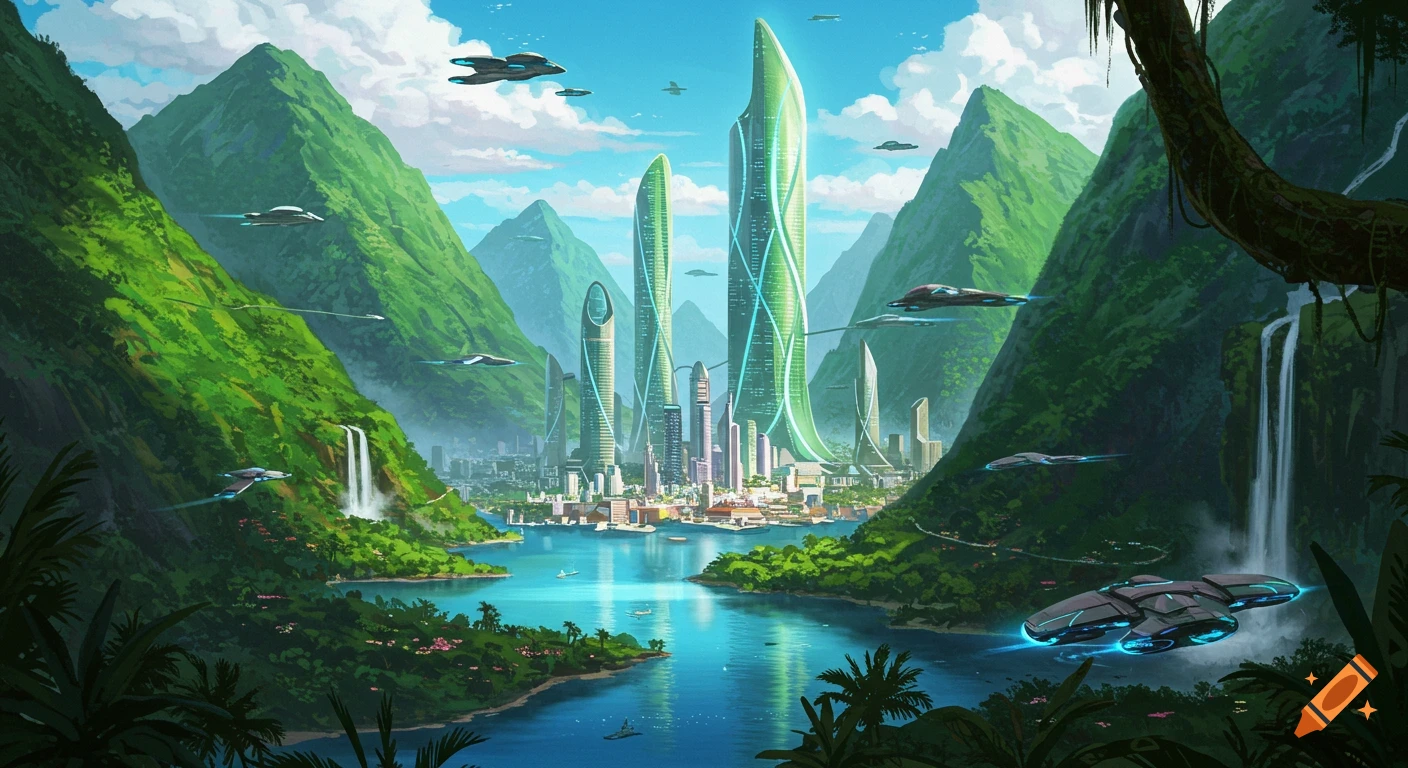 Vibrant, futuristic city with sleek skyscrapers nestled in a lush ...