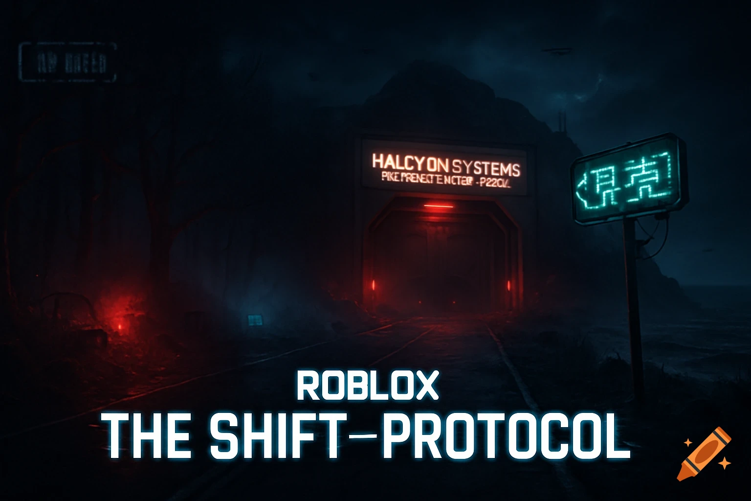 A dark, cinematic sci-fi horror scene with a large bunker entrance ...