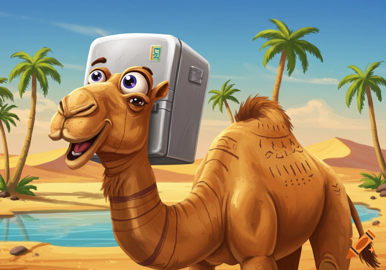 A cheerful cartoon camel carries a refrigerator on its back in a sunny ...