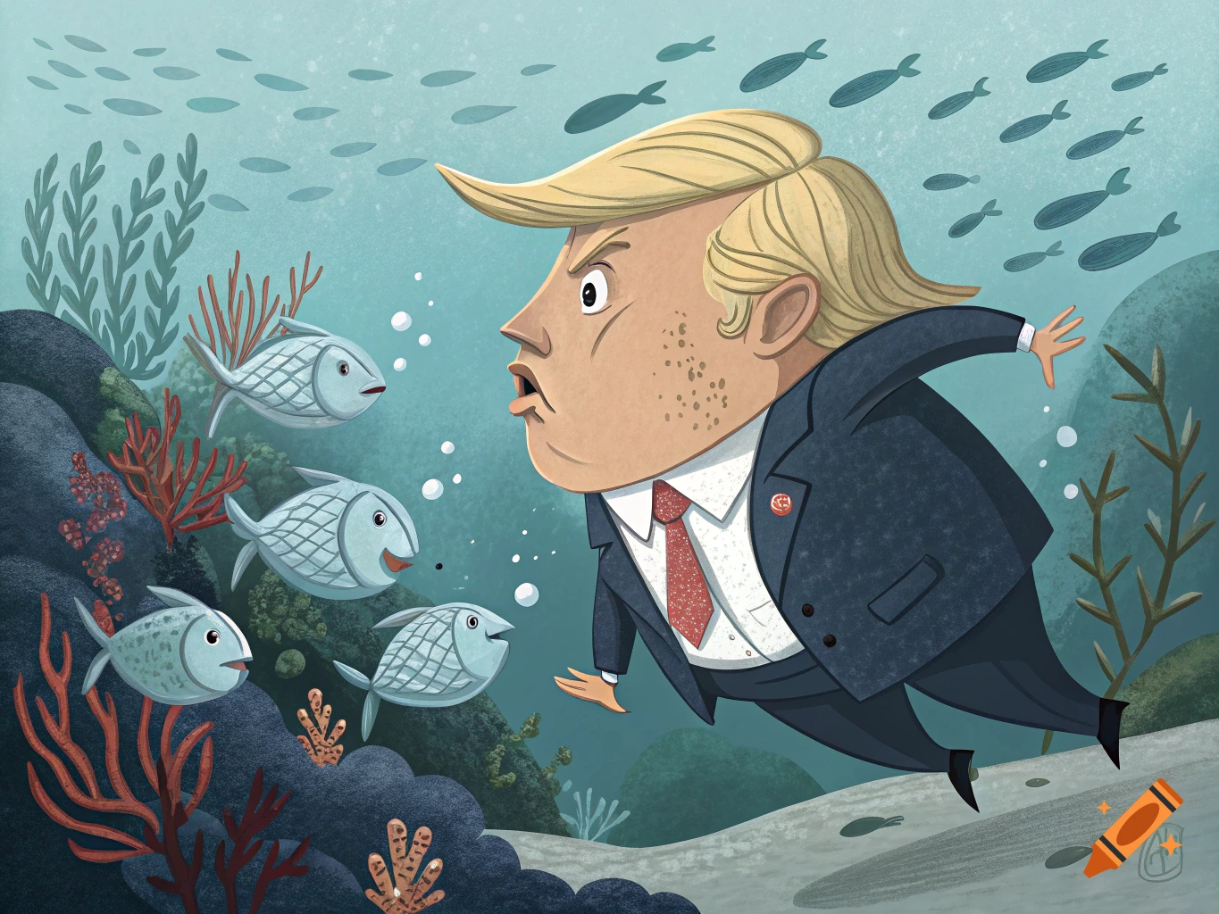 Cartoon illustration of an angry Donald Trump in a suit underwater ...