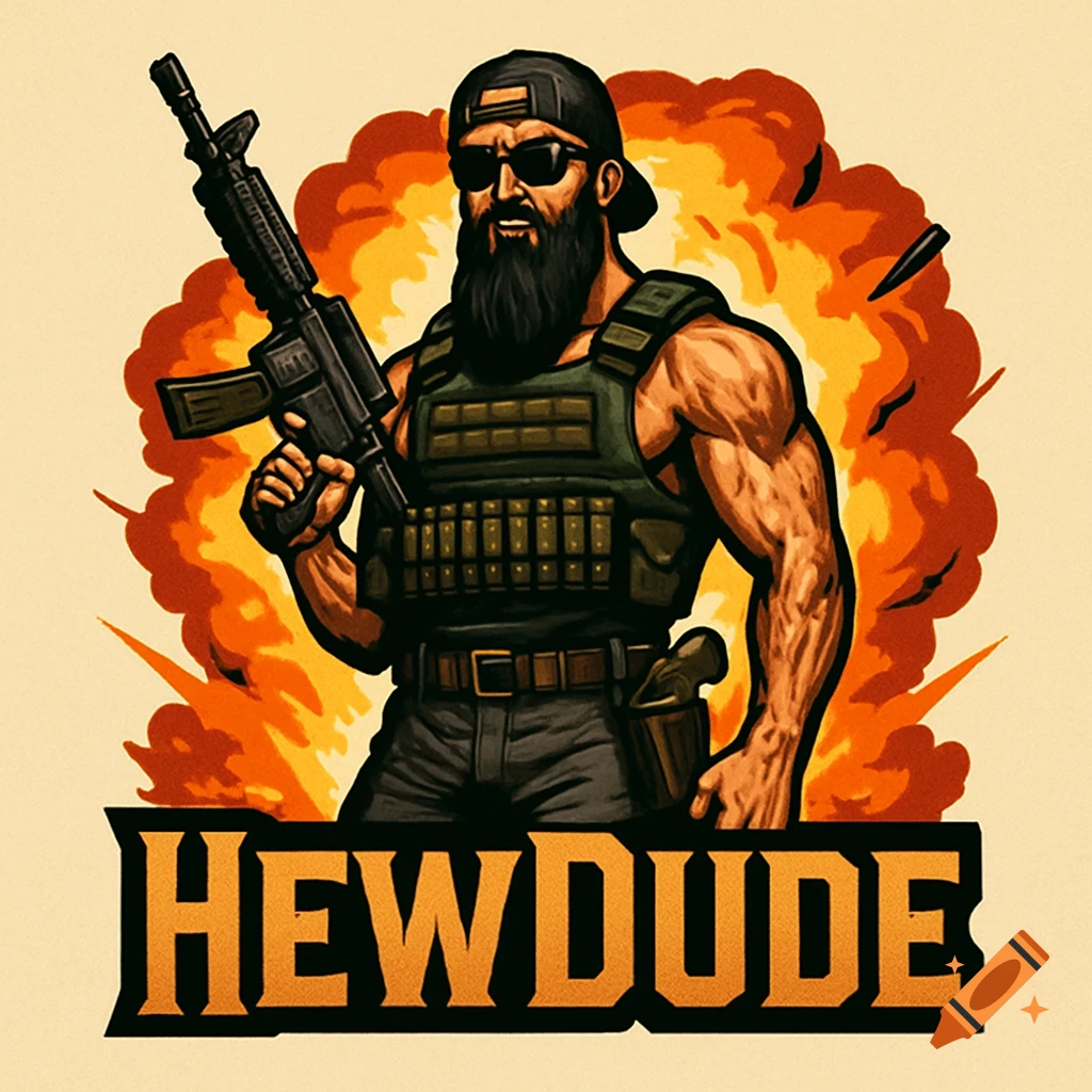 A muscular, bearded man in a tactical vest, sunglasses, and a cap ...