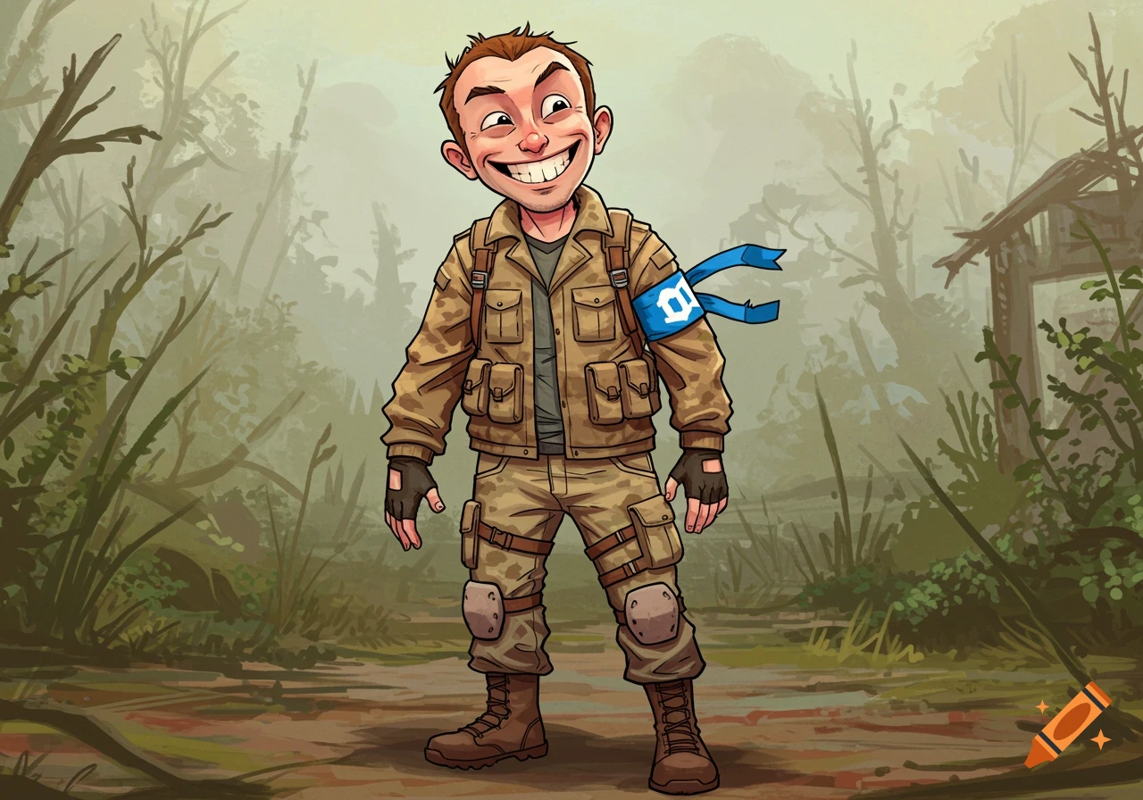 A smiling cartoon man in tan military gear and a blue armband stands in ...