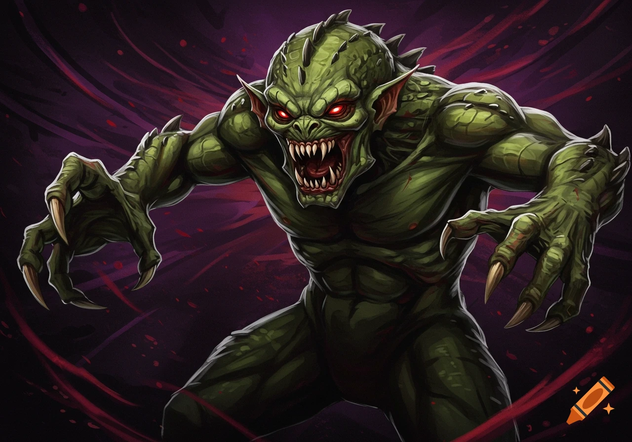 A green scaly monster with red eyes, sharp teeth, and long claws stands ...