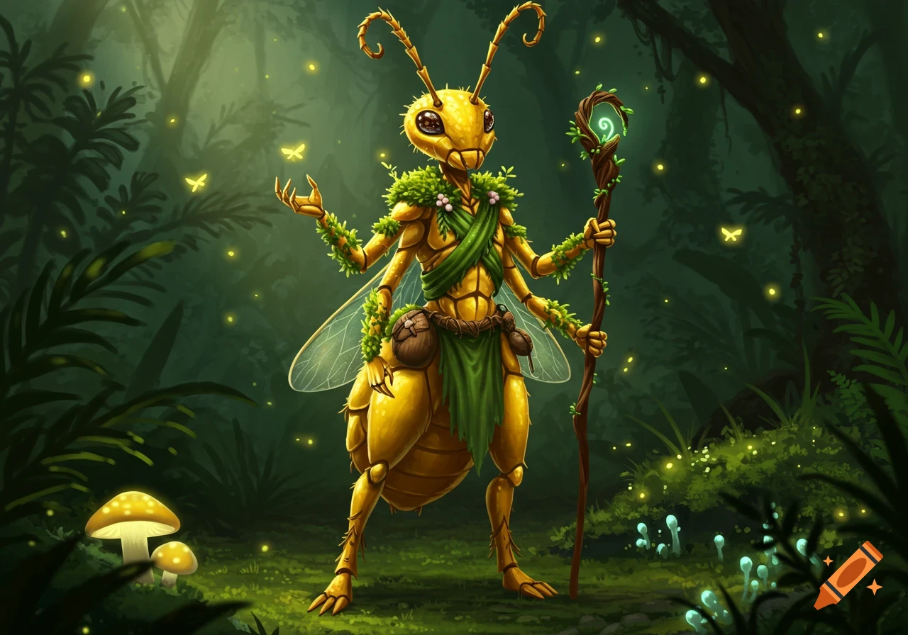 Golden humanoid ant creature with moss and green cloth, holding a staff ...