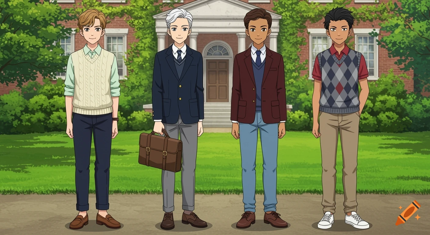 Four anime boys in preppy outfits stand in a row on a lawn in front of ...