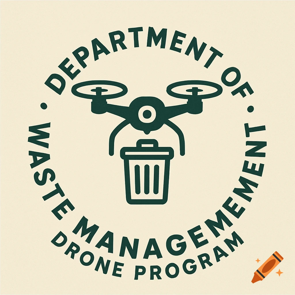 A circular logo for the 'Department of Waste Management Drone Program' featuring a drone ...