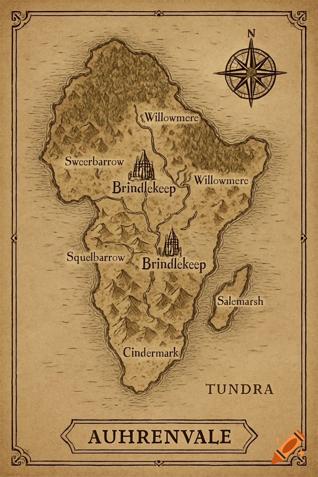 A hand-drawn fantasy map on aged parchment showing an upside-down ...
