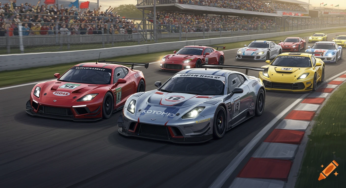 Vibrant digital painting of multiple race cars speeding around a track ...