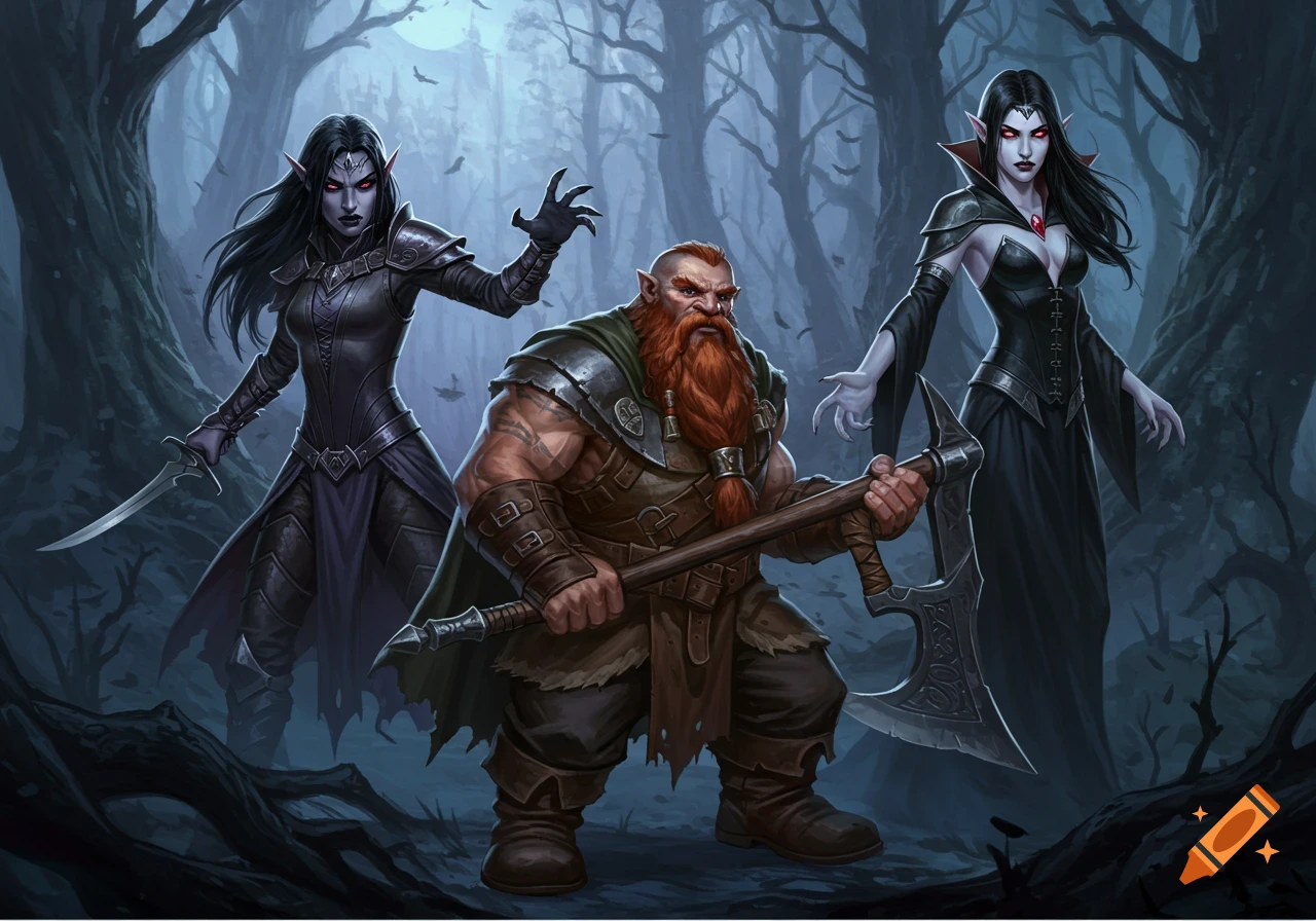 Fantasy art of a dark elf, dwarf, and female vampire in a moonlit ...