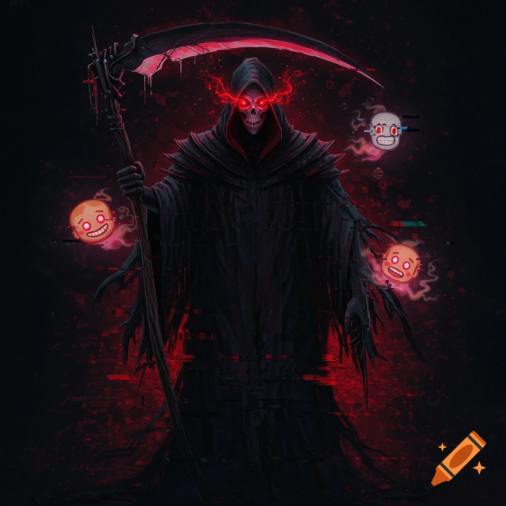 A dark hooded grim reaper figure with glowing red eyes holds a scythe amidst red and black ...