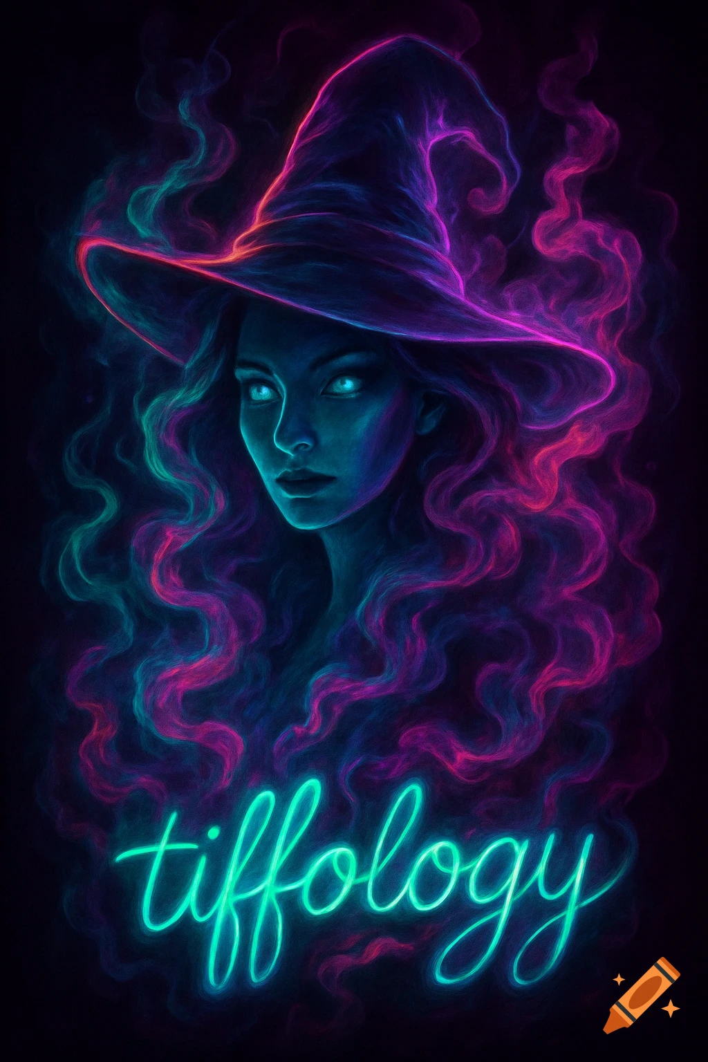 A neon art style portrait of a witch wearing a pointed hat, surrounded ...