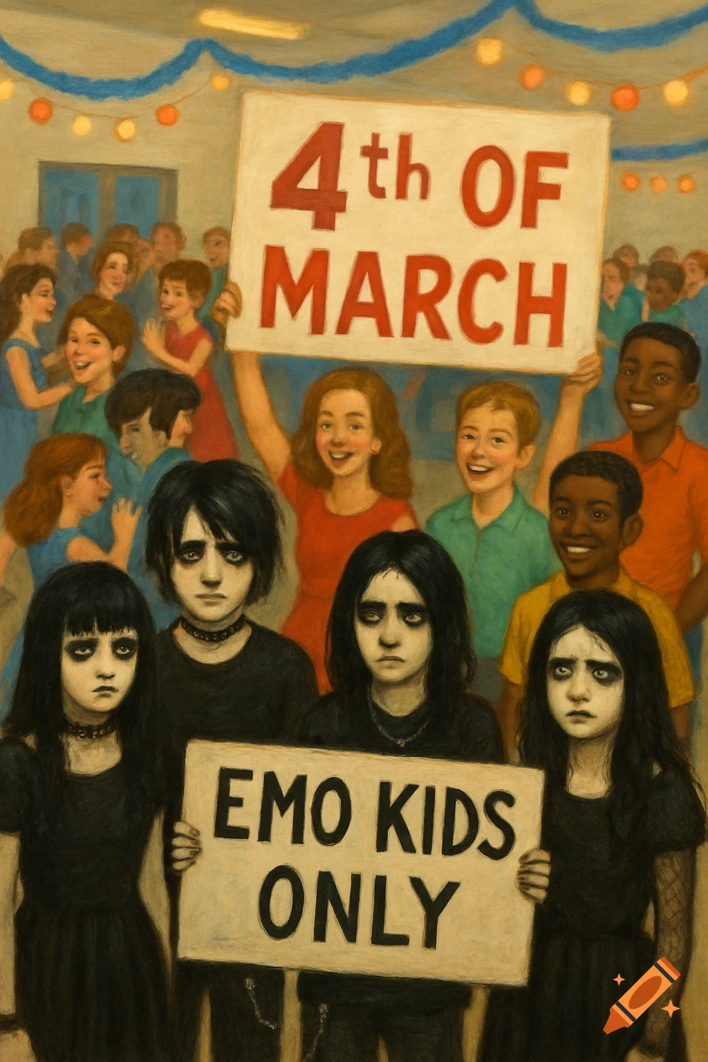 An illustration of smiling kids at a party with some holding a '4th OF ...