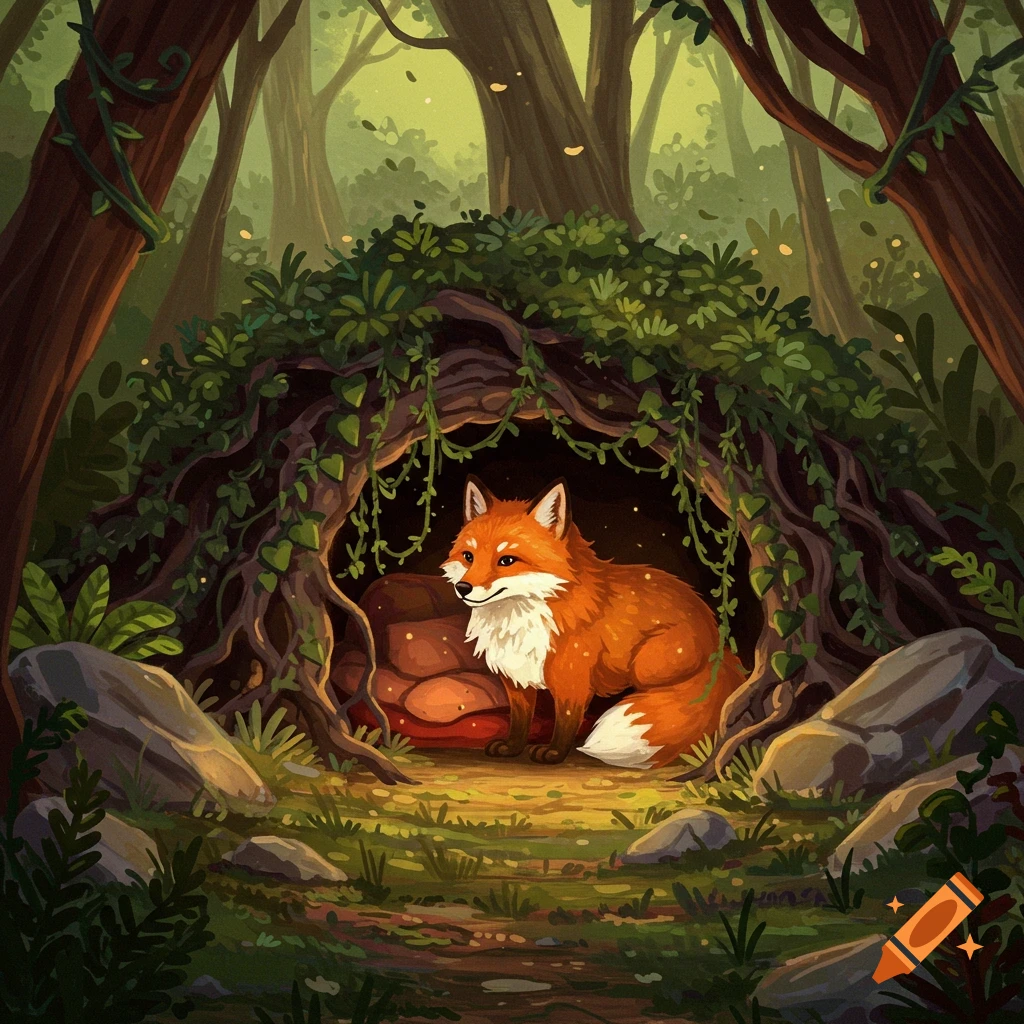 A stylized illustration of a red fox inside a cozy den covered in vines ...