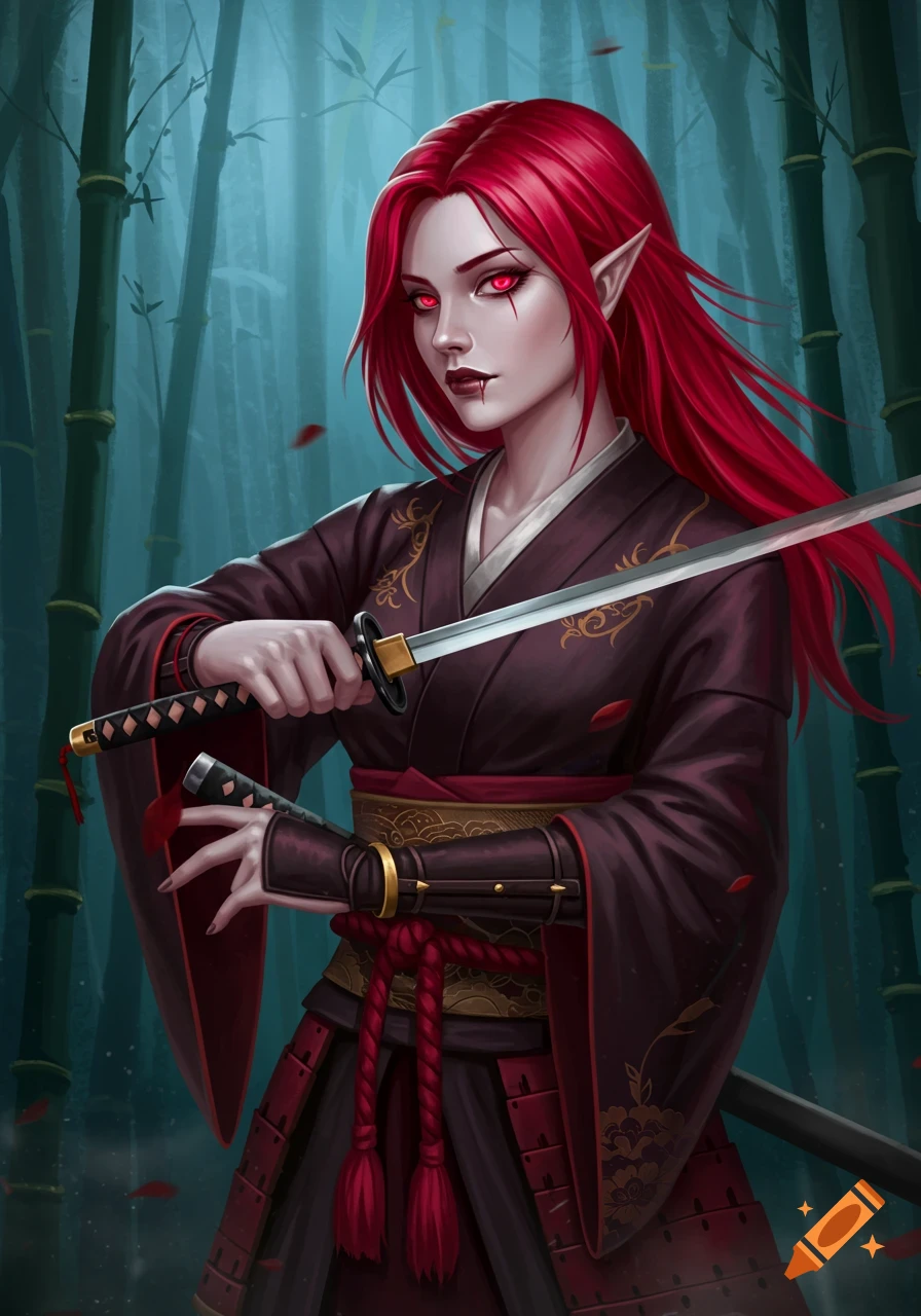 A female vampire ronin with red hair and glowing red eyes stands in a ...
